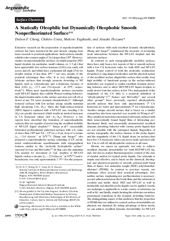 (PDF) A Statically Oleophilic but Dynamically Oleophobic Smooth ...