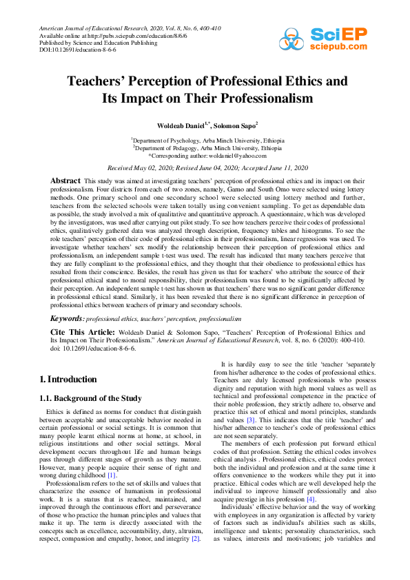 (PDF) Teachers’ Perception of Professional Ethics and Its Impact on ...