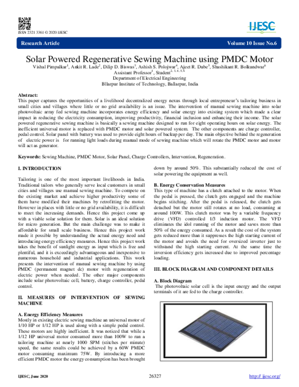 (PDF) Solar Powered Regenerative Sewing Machine using PMDC Motor
