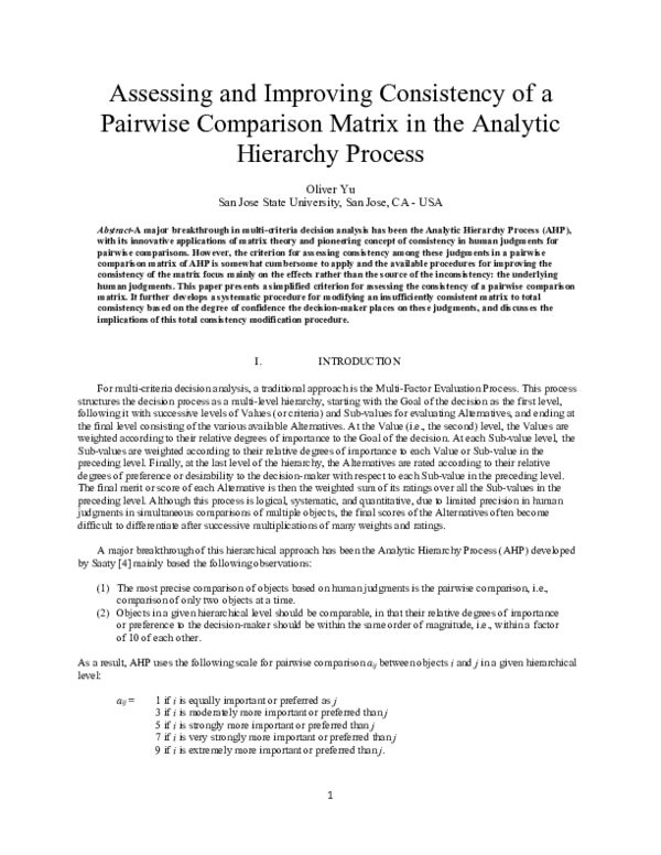 Doc Assessing And Improving Consistency Of A Pairwise Comparison Matrix In The Analytic
