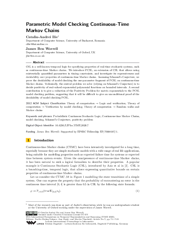 Pdf Parametric Model Checking Continuous Time Markov Chains