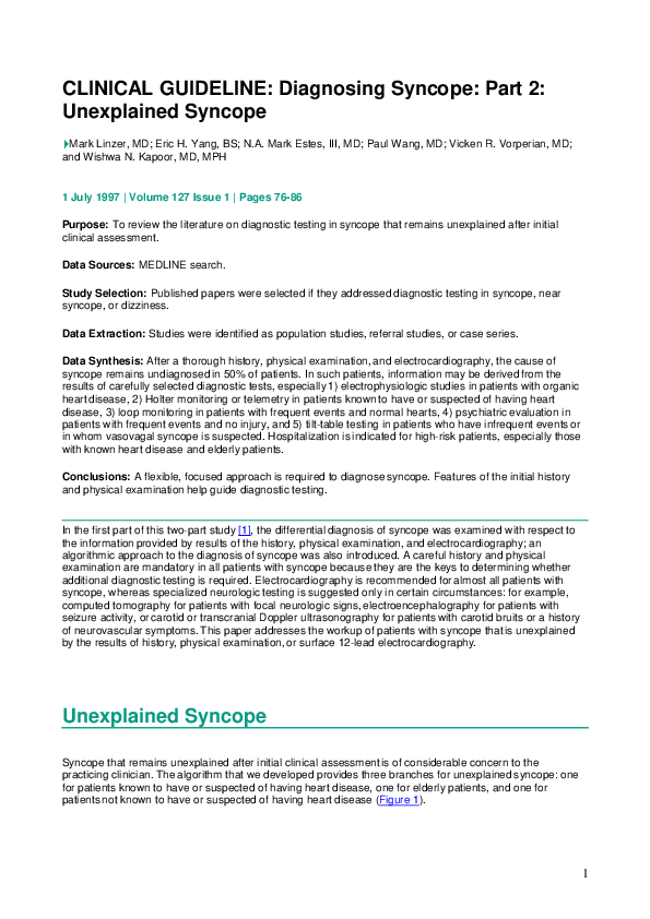 (PDF) CLINICAL GUIDELINE: Diagnosing Syncope: Part 2: Unexplained Syncope