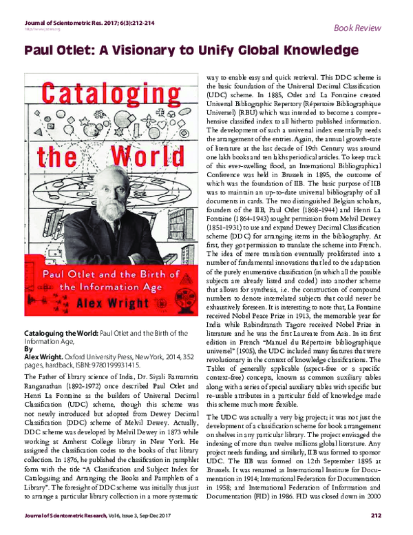(PDF) Paul Otlet: A Visionary to Unify Global Knowledge
