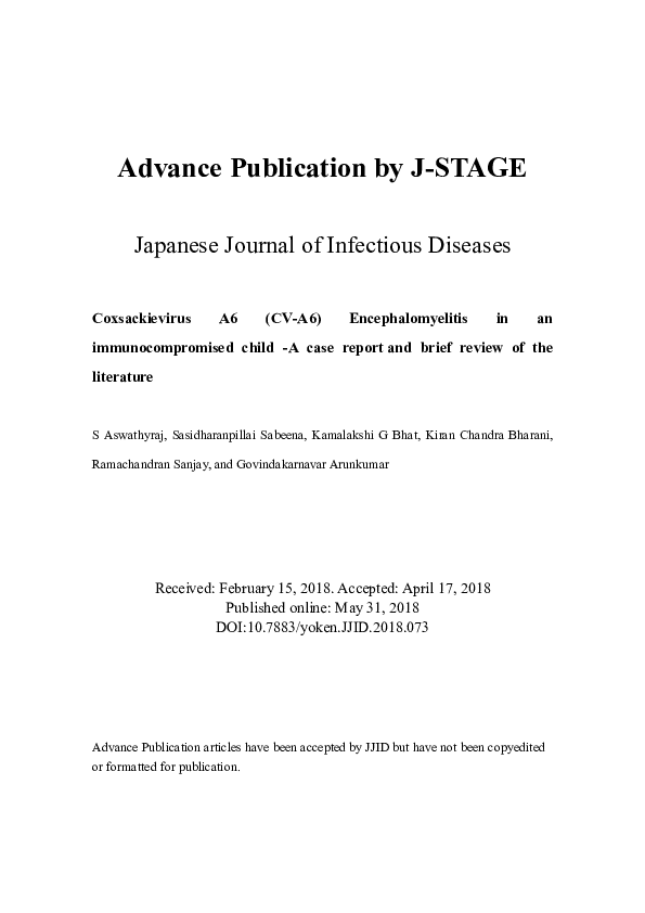 (PDF) Coxsackievirus A 6 ( CVA 6 ) Encephalomyelitis in an ...