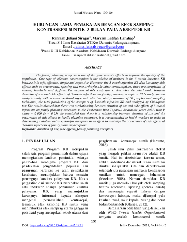 (PDF) Hubungan Lama Pemakaian Dengan Efek Samping Kontrasepsi Suntik 3 Bulan Pada Akseptor KB