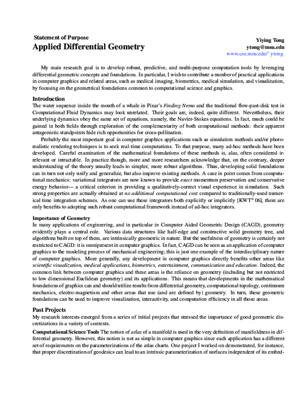 (PDF) Statement of Purpose Applied Differential Geometry