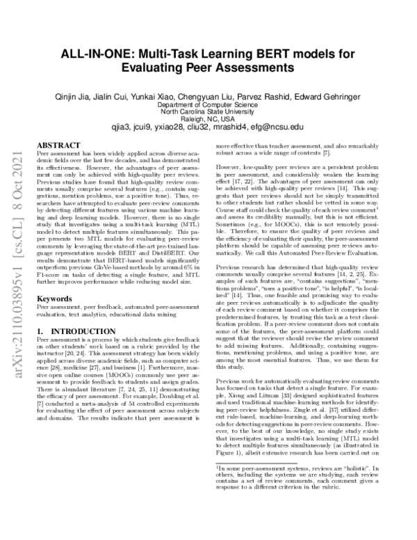 (PDF) ALL-IN-ONE: Multi-Task Learning BERT models for Evaluating Peer Assessments