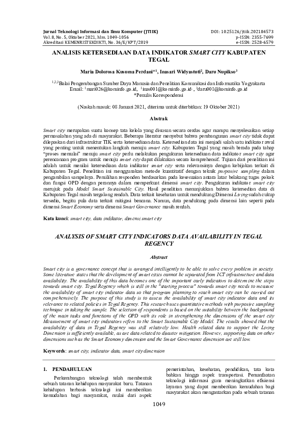 (PDF) Analisis Ketersediaan Data Indikator Smart City Kabupaten Tegal