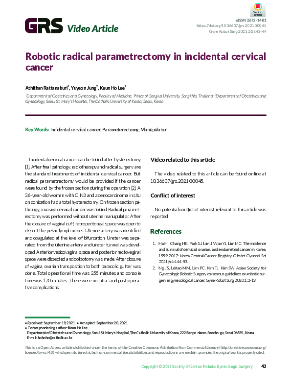 (PDF) Robotic Parametrectomy for Incidental Cervical Cancer