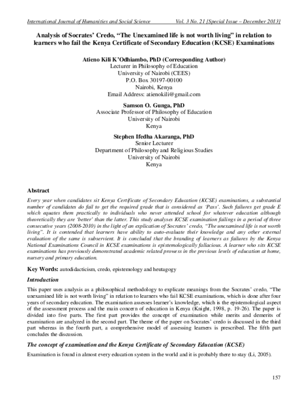 (PDF) Analysis of Socrates' Credo, "The Unexamined life is not worth ...