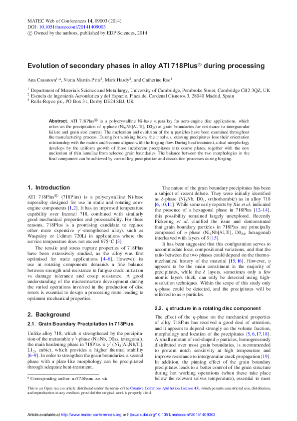 Pdf Evolution Of Secondary Phases In Alloy Ati 718plus ® During