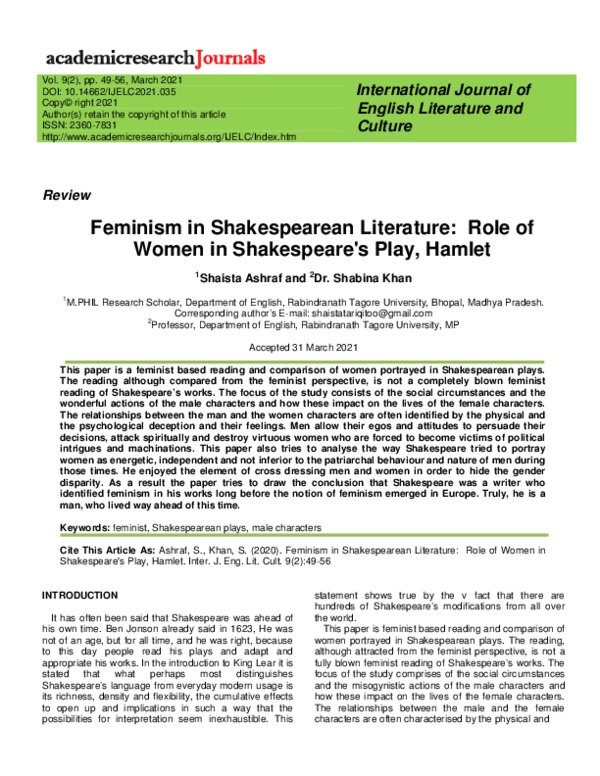 (PDF) Feminism in Shakespearean Literature: Role of Women in ...