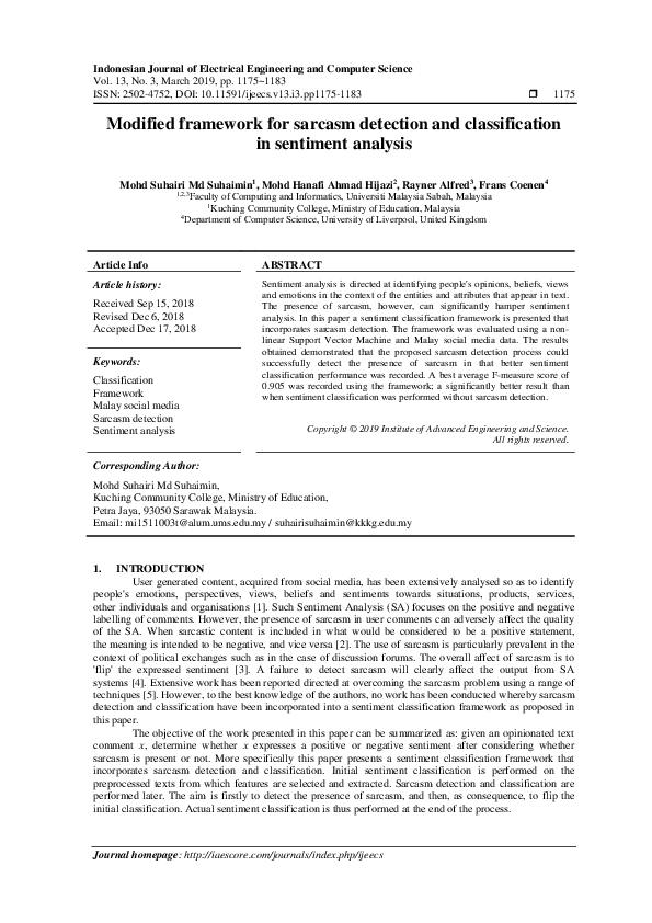 Pdf Modified Framework For Sarcasm Detection And Classification In