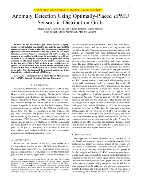 (PDF) Anomaly Detection Using Optimally-Placed μ PMU Sensors in ...