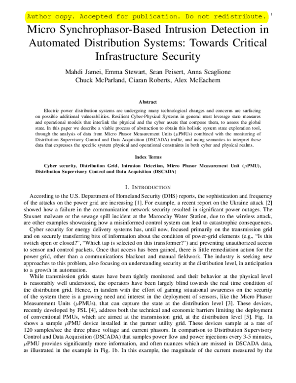 (PDF) Micro Synchrophasor-Based Intrusion Detection in Automated Distribution Systems: Toward ...
