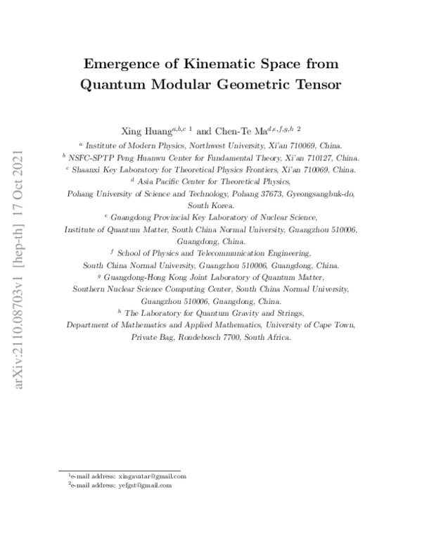 (PDF) Emergence of Kinematic Space from Quantum Modular Geometric Tensor