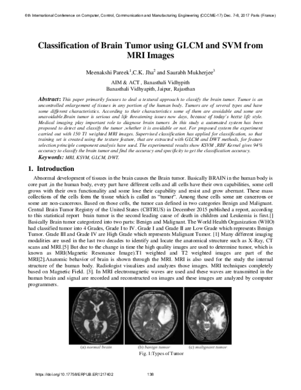 (PDF) Classification of Brain Tumor using GLCM and SVM from MRI Images