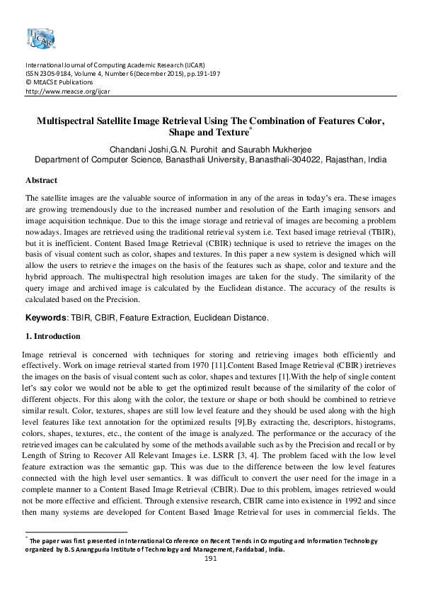 (PDF) Multispectral Satellite Image Retrieval Using The Combination of Features Color, Shape and ...