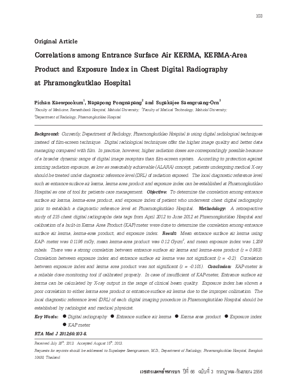 (PDF) Correlations among Entrance Surface Air KERMA, KERMA-Area Product and Exposure Index in ...