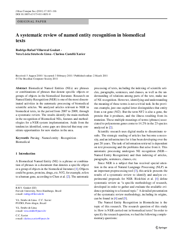 Pdf A Systematic Review Of Named Entity Recognition In Biomedical Texts