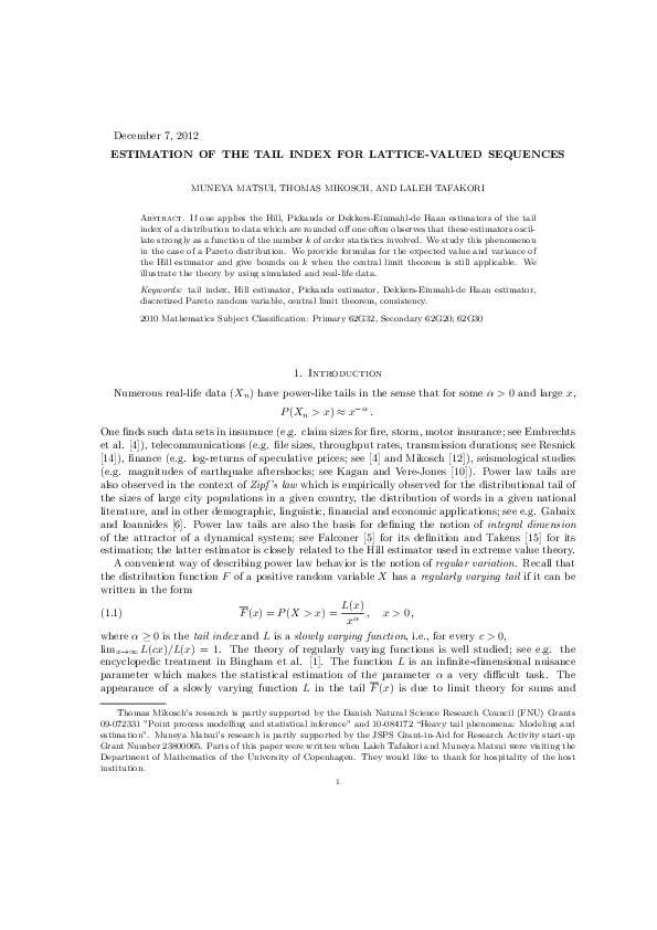 (PDF) Estimation of the Tail Index for Lattice-Valued Sequences