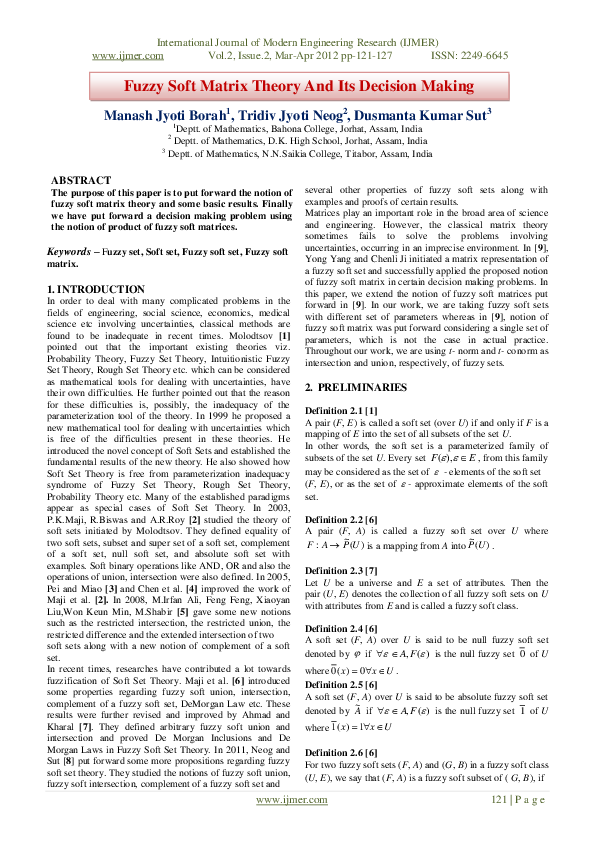 (PDF) Fuzzy Soft Matrix Theory And Its Decision Making