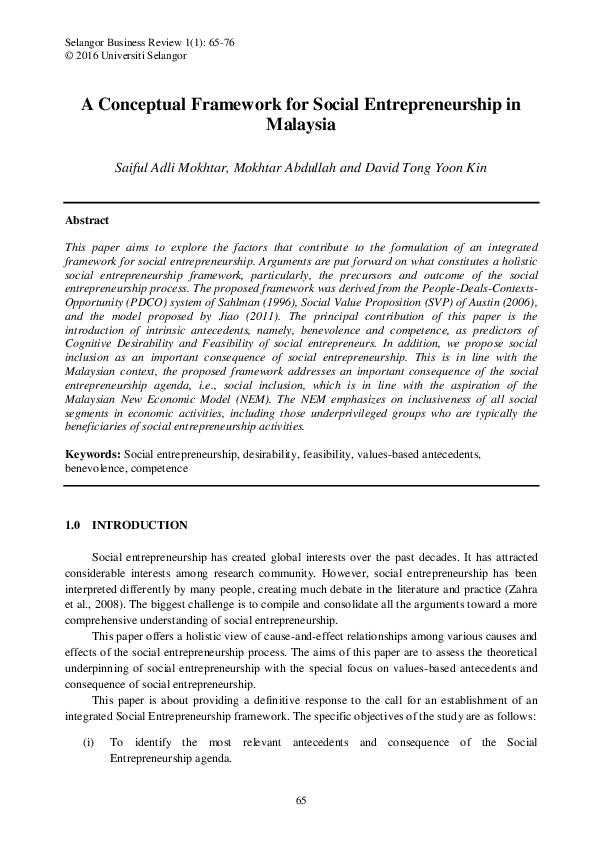 (PDF) A Conceptual Framework for Social Entrepreneurship in Malaysia