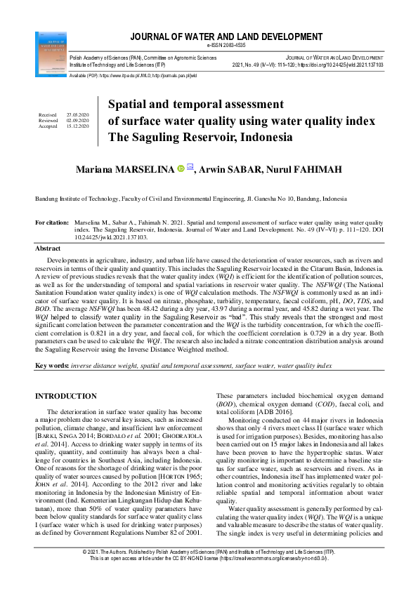Pdf Spatial And Temporal Assessment Of Surface Water Quality Using Water Quality Index The