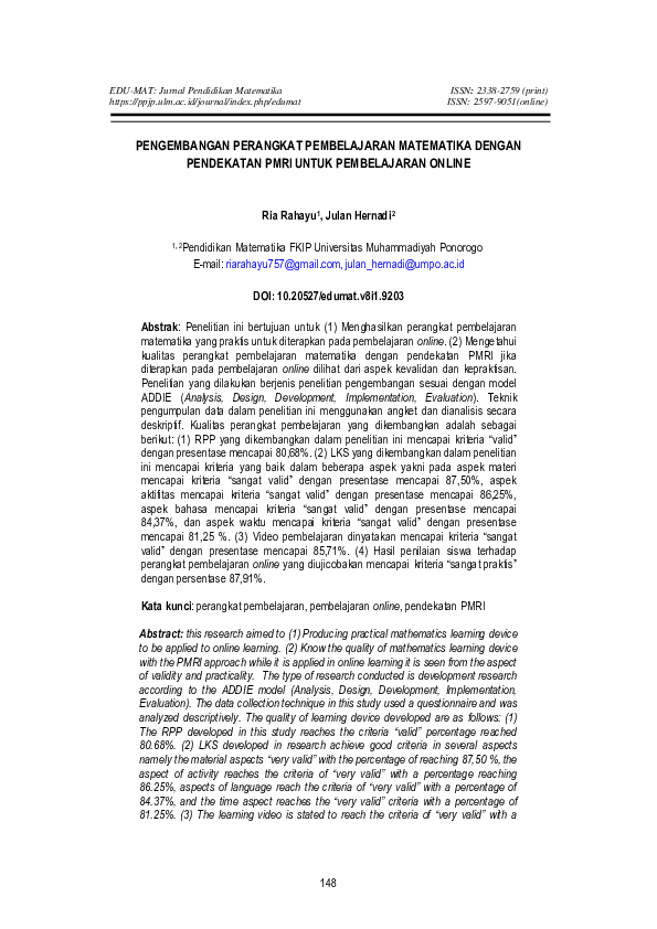 (PDF) Pengembangan Perangkat Pembelajaran Matematika Dengan Pendekatan Pmri Untuk Pembelajaran ...