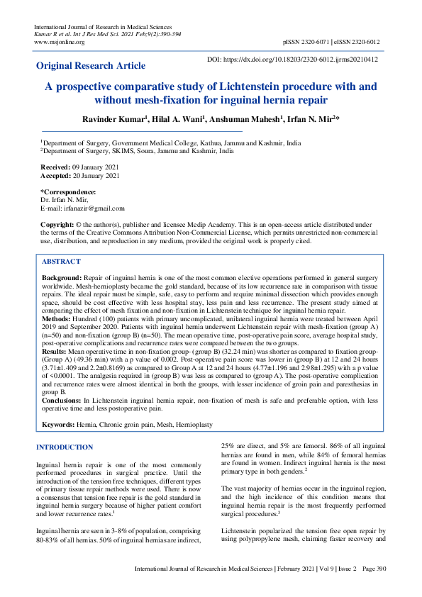 (PDF) A prospective comparative study of Lichtenstein procedure with and without mesh-fixation ...