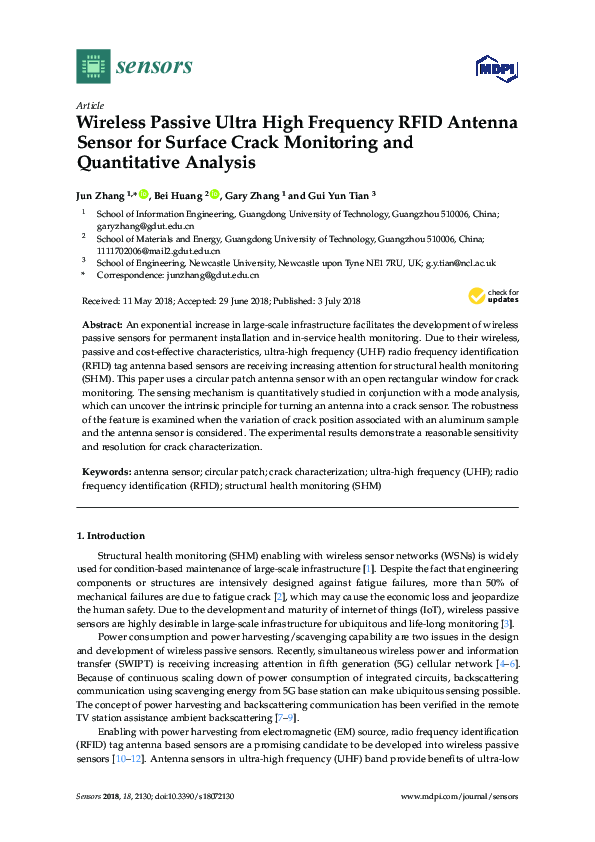 (PDF) Wireless Passive Ultra High Frequency RFID Antenna Sensor for Surface Crack Monitoring and ...