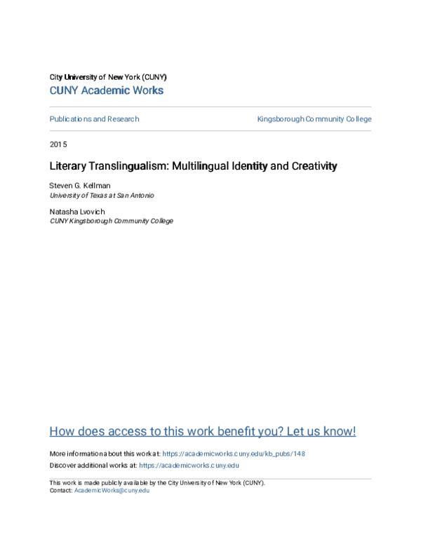 (PDF) Literary Translingualism: Multilingual Identity and Creativity