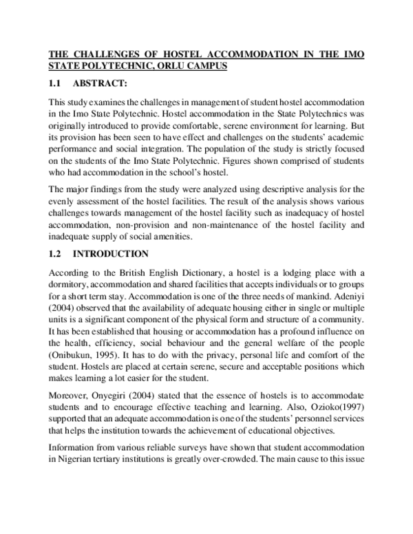 (PDF) THE CHALLENGES OF HOSTEL ACCOMMODATION IN THE IMO STATE ...