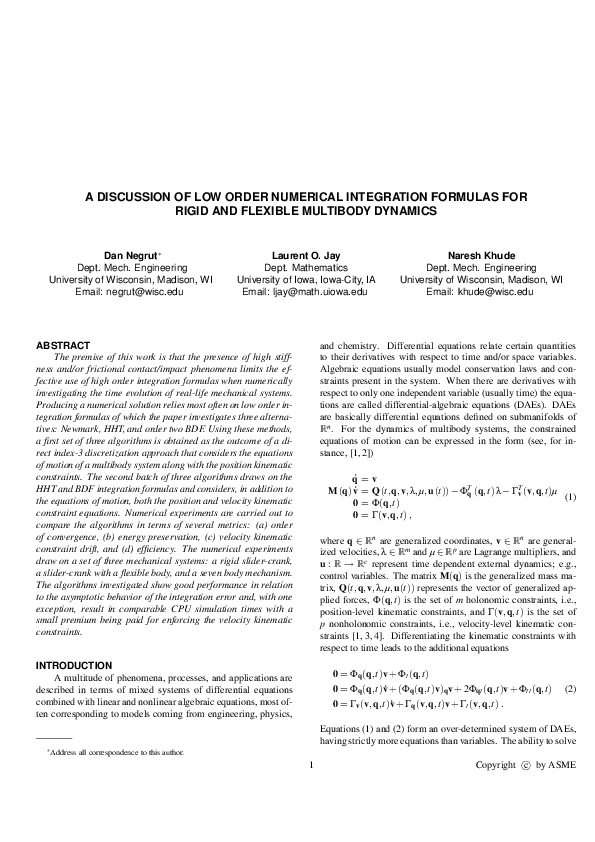 (PDF) A comparison of low order numerical integration formulas for rigid and flexible multibody ...