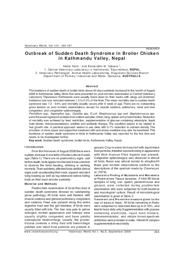 (PDF) Veterinary World, Vol.1(9): 265-267 Outbreak of Sudden Death ...