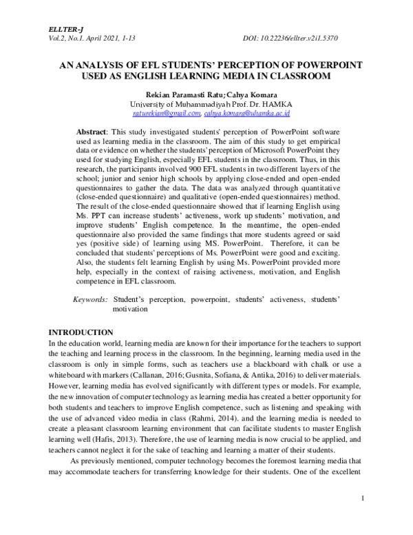 (PDF) An Analysis of Efl Students’ Perception of Powerpoint Used as English Learning Media in ...