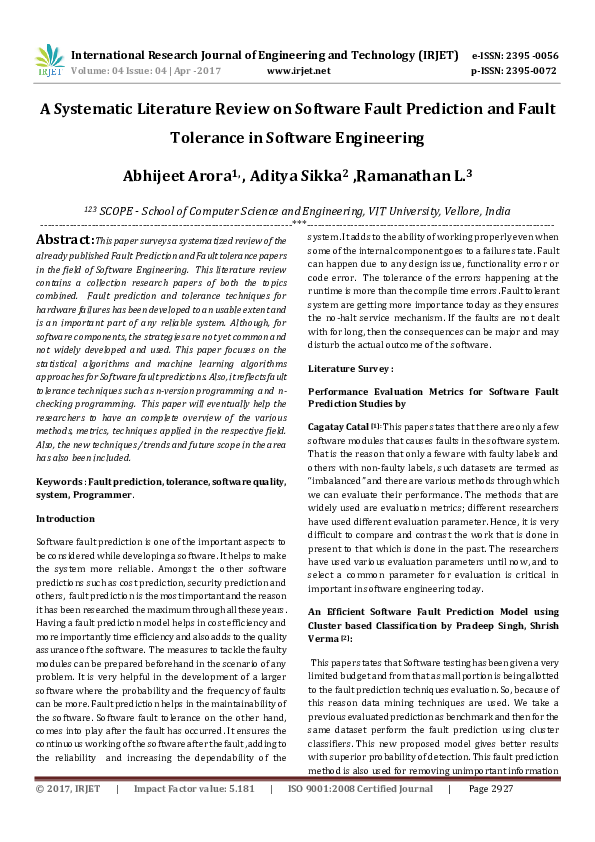 (PDF) A Systematic Literature Review on Software Fault Prediction based ...