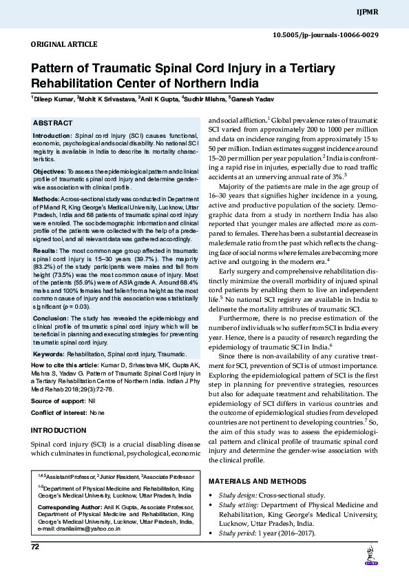 (PDF) Pattern of Traumatic Spinal Cord Injury in a Tertiary ...