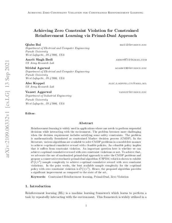 Pdf Achieving Zero Constraint Violation For Constrained Reinforcement Learning Via Primal Dual
