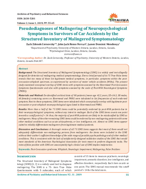 (PDF) Pseudodiagnoses of Malingering of Neuropsychological Symptoms in ...