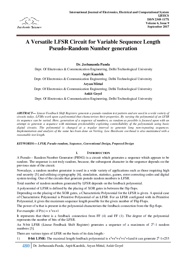 Pdf A Versatile Lfsr Circuit For Variable Sequence Length Pseudo Random Number Generation 
