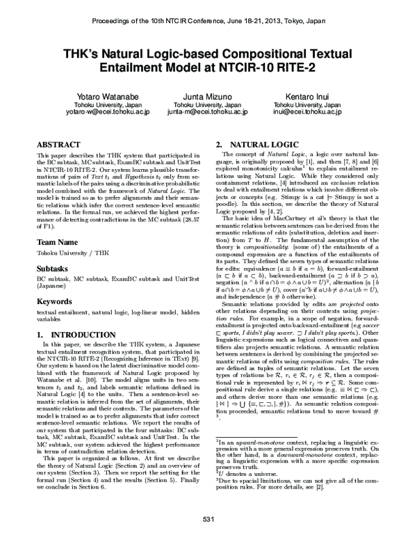 (PDF) THK's Natural Logic-based Compositional Textual Entailment Model at NTCIR-10 RITE-2
