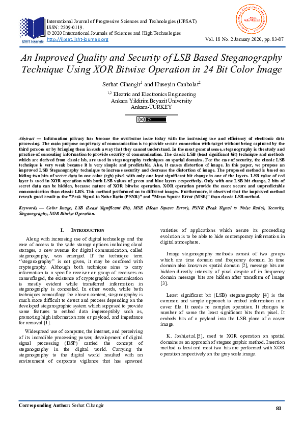 Pdf An Improved Quality And Security Of Lsb Based Steganography Technique Using Xor Bitwise
