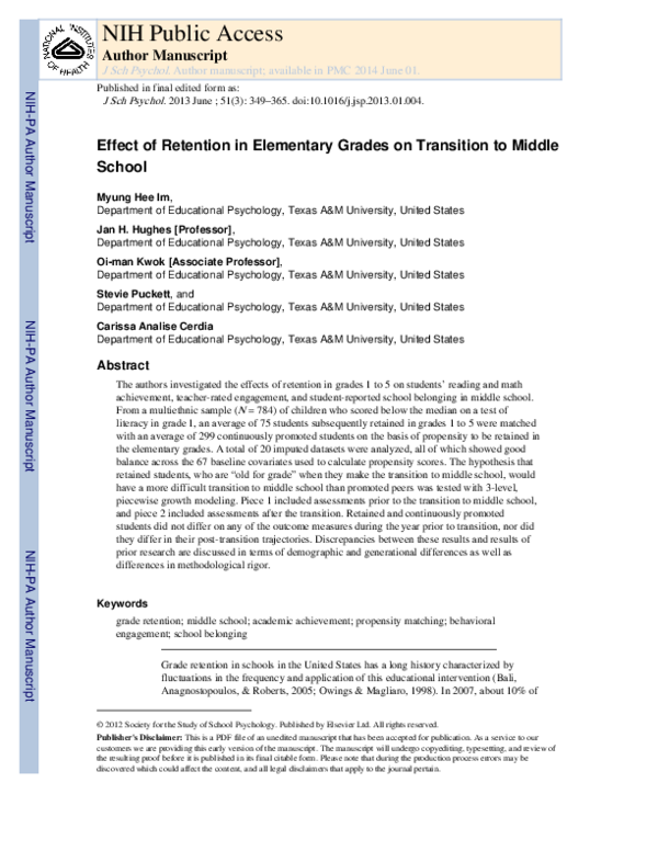 (PDF) Effect of retention in elementary grades on transition to middle ...