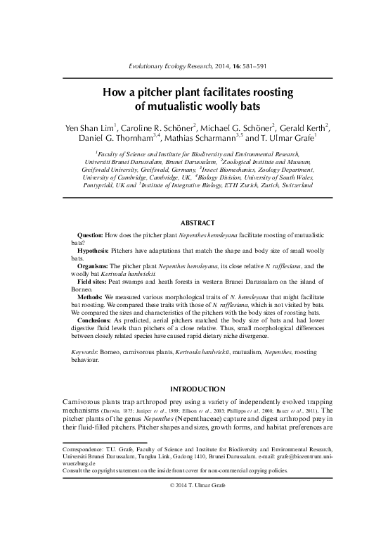 (PDF) How a pitcher plant facilitates roosting of mutualistic woolly bats