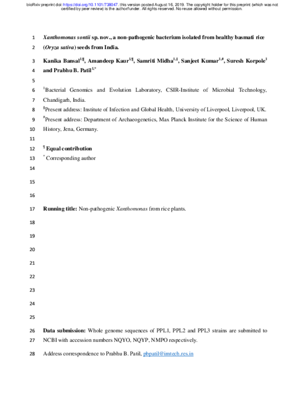 (PDF) Xanthomonas sontii sp. nov., a non-pathogenic bacterium isolated ...
