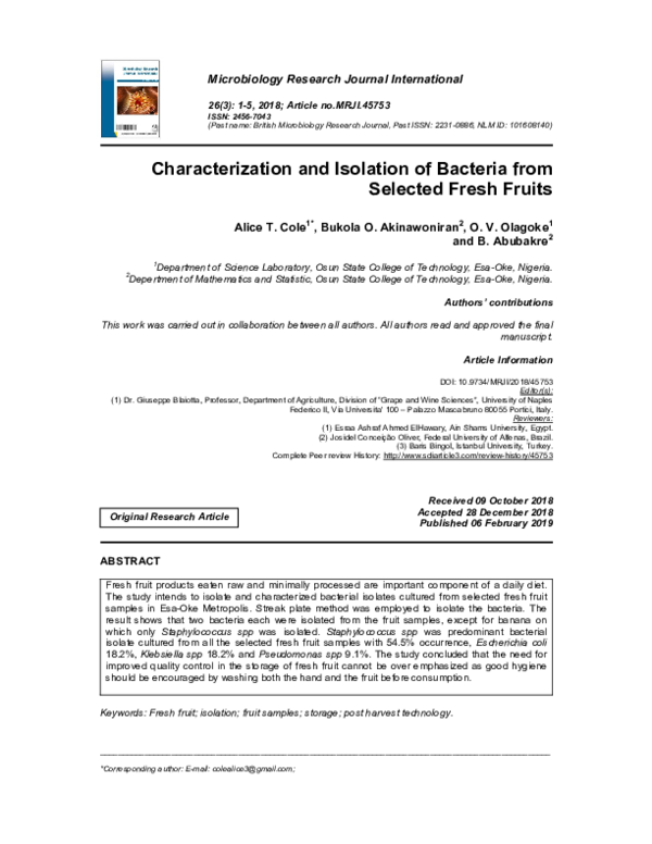 (PDF) Characterization and Isolation of Bacteria from Selected Fresh Fruits