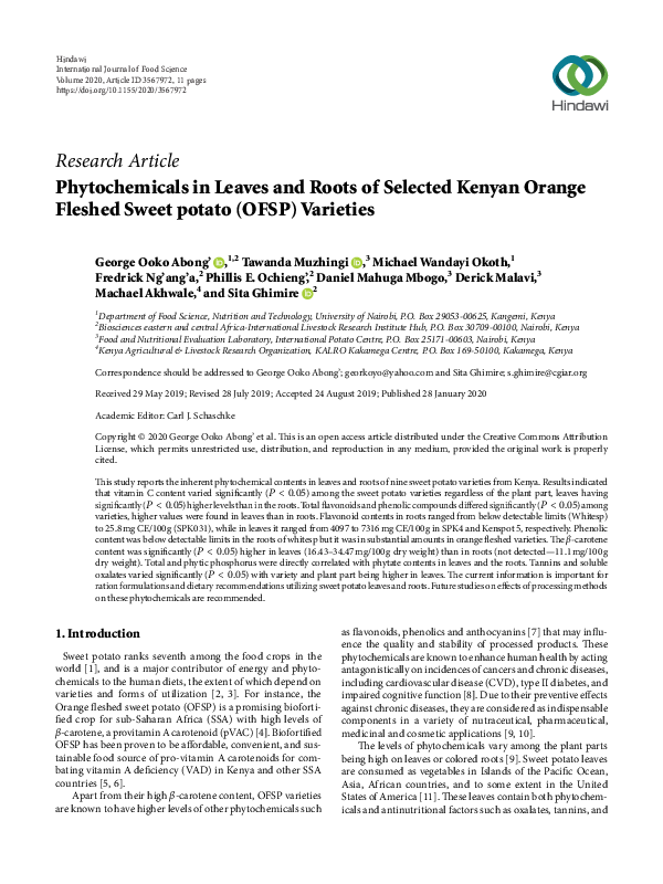(PDF) Phytochemicals in Leaves and Roots of Selected Kenyan Orange Fleshed Sweet Potato (OFSP ...