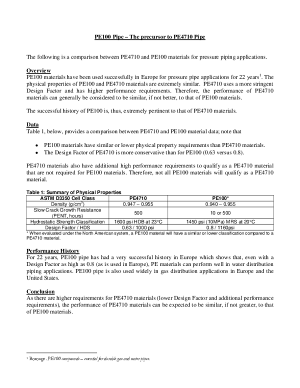 (PDF) PE100 Pipe -The precursor to PE4710 Pipe The following is a ...