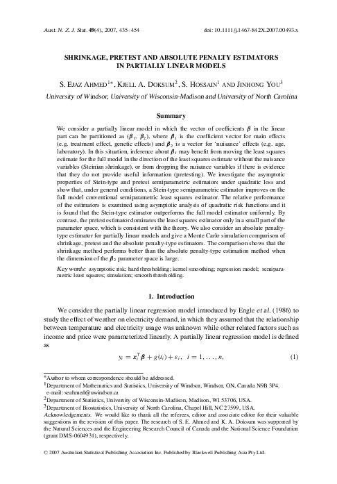 Pdf Shrinkage Pretest And Absolute Penalty Estimators In Partially Linear Models